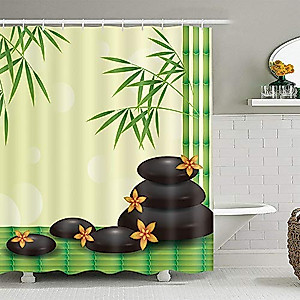 EARVO Spa Theme Shower Curtain, Bamboos Basalt Massage Stones Physical Therapy Enjoy Relaxing Time for Family Bathroom Decor Water-Repellent Cloth with Hooks, 72x72 inches LHEA784-72