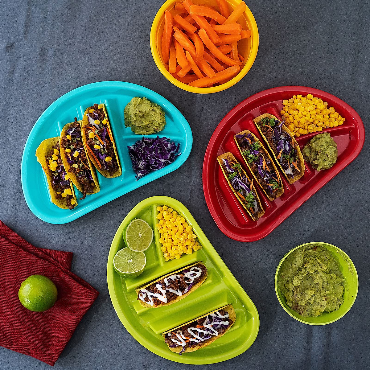Stephanie Imports MADE IN USA Set of 3 Taco Serving Plastic Plates With Side Compartments in Teal, Red and Lime Green (BPA-Free, Microwave and Dishwasher Safe)