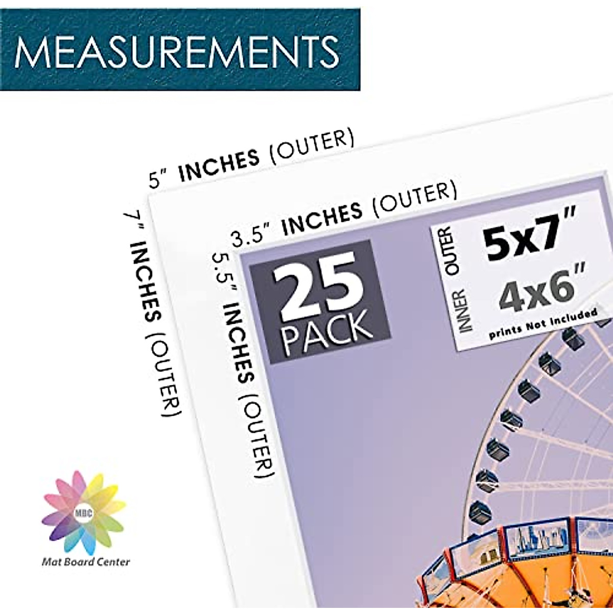 Mat Board Center, Pack of 25, 5x7 White Picture Mats with White Core for 4x6 Pictures