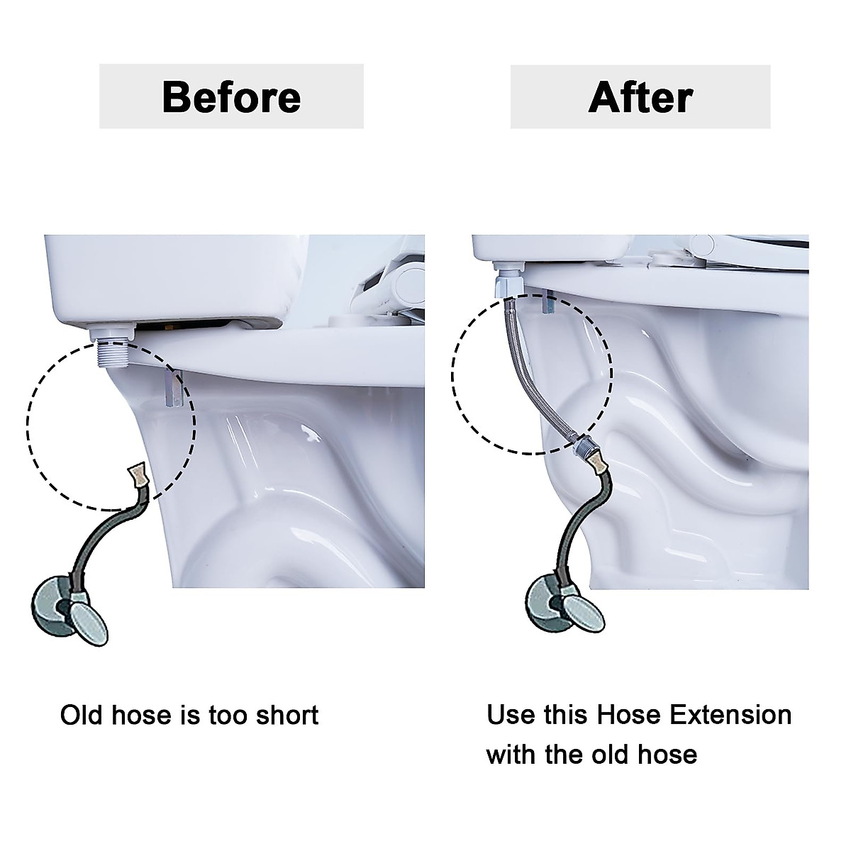 THU9090R 8 Inch Extension Hose Compatible with TOTO C110/E200/S300/S400 Wash Lets- 7/8 Male Connect to T adapter of Bidet/Diaper sprayer- 7/8 Female Connect Ballcock Pipe of Toilet Tank