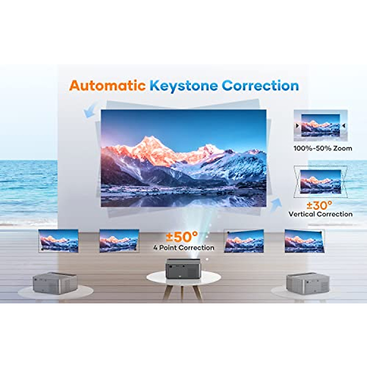 [Electric Focus] Projector with WiFi and Bluetooth, Portable Projector 4K Support, 500 ANSI 20000L, Touch Screen, Auto Vertical Keystone & 4P/6D, VACASSO Outdoor Movie Projector for Phone/PC/TV Stick