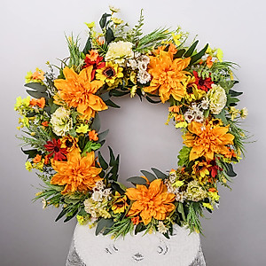 TechKen Door Wreath for Spring Summer Dahlia Wreath with Blossom Yellow & Orange Farmhouse Wreath on Grapevine for Front Door, Wall, Window Wreath 22-24inch