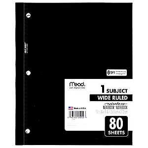 Mead Notebook, 1 Subject, Wide Ruled Paper, 80 Sheets, 10-1/2" x 8", Wireless Neatbook, Black (05222AA5)