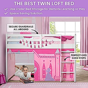 Delta Children Twin Loft Bed with Guardrail and Ladder + Tent (Bundle), White/Disney Princess