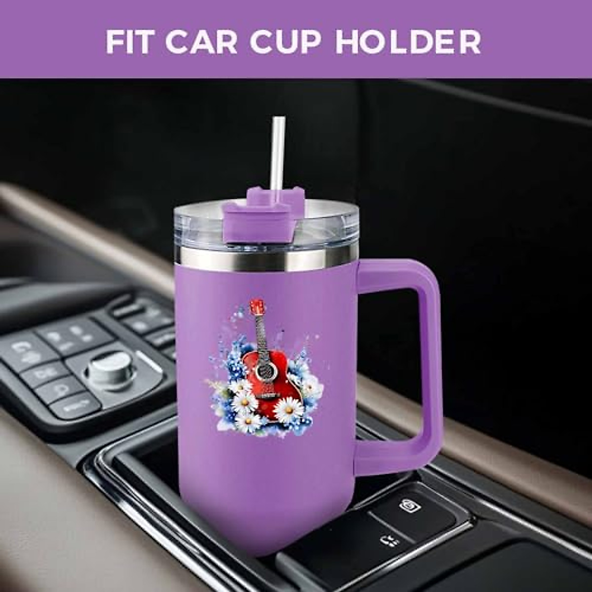 LB LEOBON 40 ounce insulated cup with handle, double-layer vacuum stainless steel material, equipped with straw, can keep warm or maintain cold drinks Daisy Guitar Deep purple