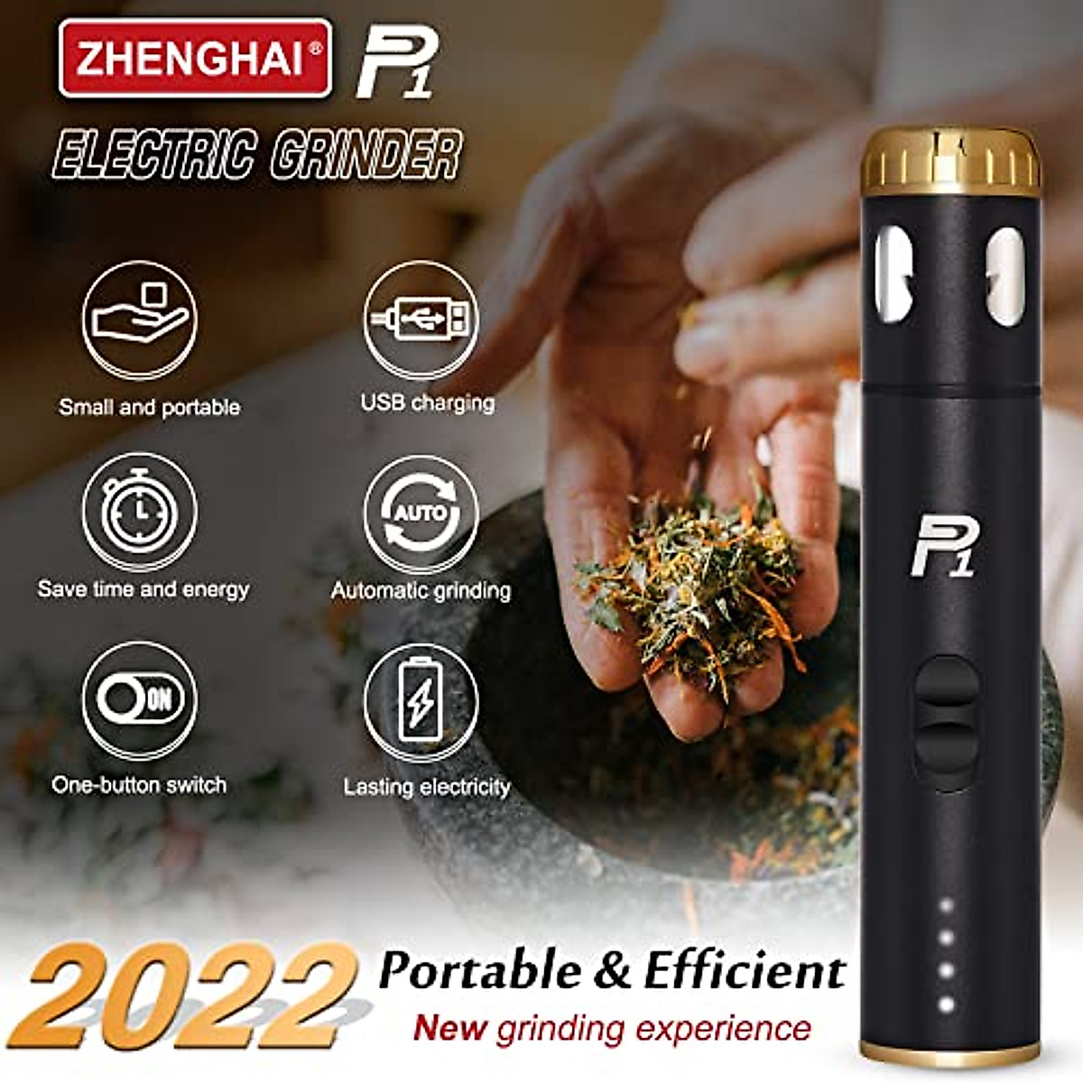 ZHENGHAI P1 Electric Herb and Spice Grinder, USB Rechargeable Fast Grinding With Portable Storage Bag, Cleaning Brush (Black)