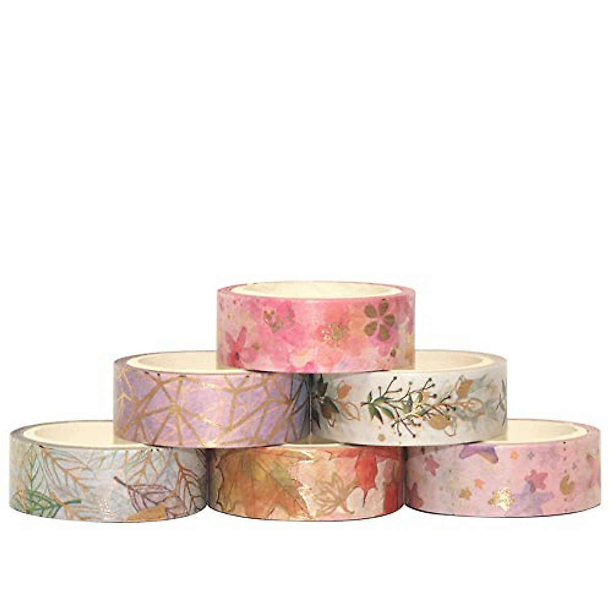 YUBBAEX Floral Gold Washi Tape Set 6 Rolls VSCO Foil Masking Tape Decorative for Arts, DIY Crafts, Journal Supplies, Planners, Scrapbook, Card/Gift Wrapping -15mm- (Romantic Flowers)