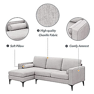 KoiHome 86" Convertible Sectional 2 Pillows, Modern Chenille L-Shaped Couch with Reversible Chaise Lounge, 3-Seater Sofa, Fit for Living Room,Office,Apartment, Polyester, Beige