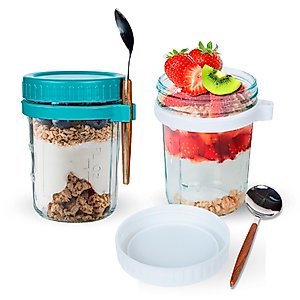 CJWM - 2 Pack 10 Oz Overnight Oats Containers with Lids and Spoon Glass Meal Prep Containers Oats Yogurt and Granola Container To Go Jars Oatmeal Container Leak-Proof