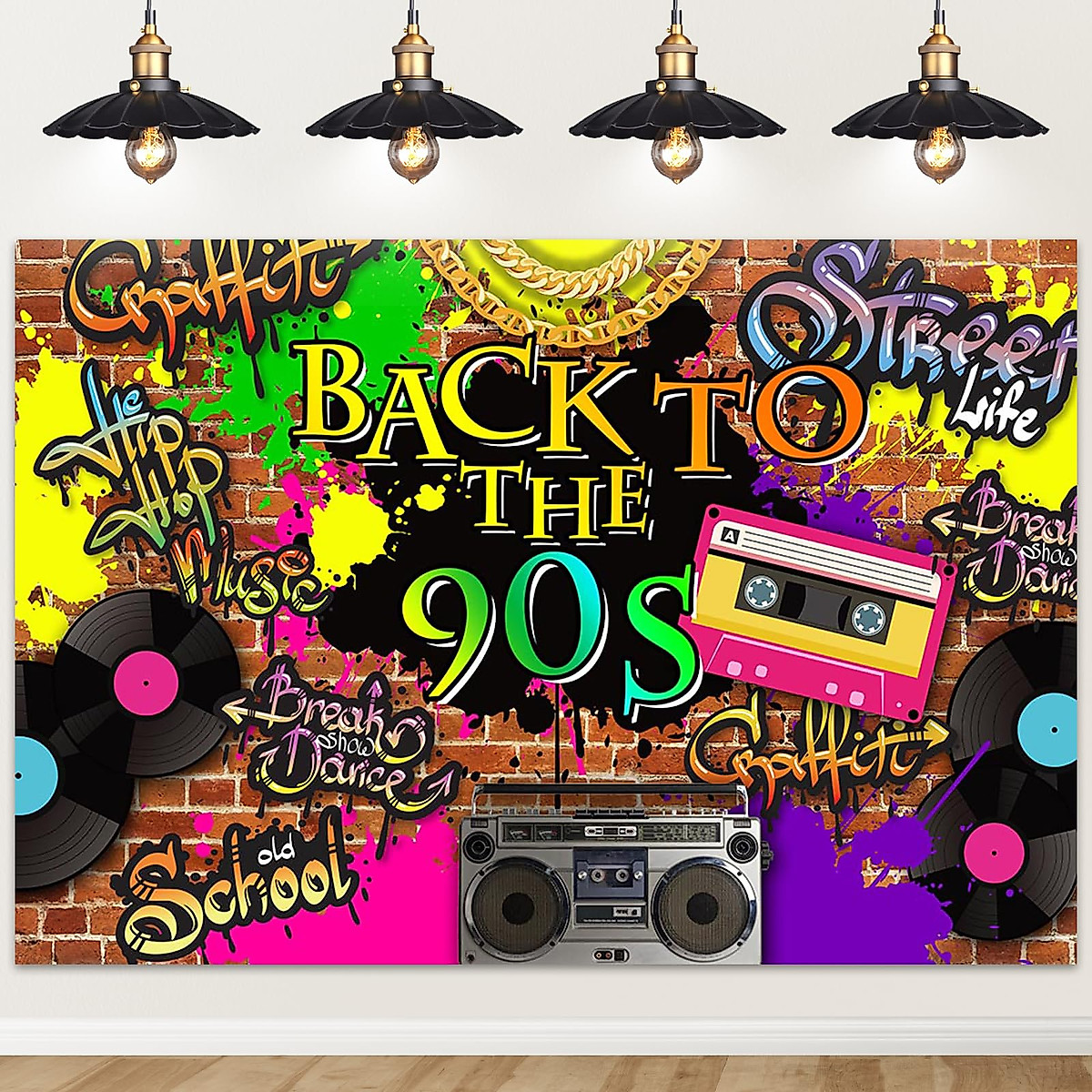 Mocsicka 90’S Backdrop Hip Hop Graffiti Brick Wall Retro Radio Fashion Photography Background Back to The 90’S Themed Party Banner Decoration Backdrops (7x5ft)