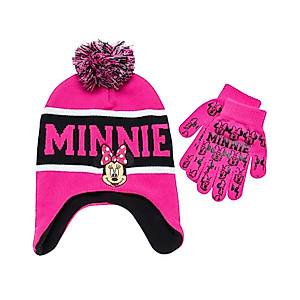 Disney Girls Minnie Mouse Winter Hat and Mitten or Glove Set (Toddler/Little Girls), Size Age 4-7, Minnie Pink With Black Gloves