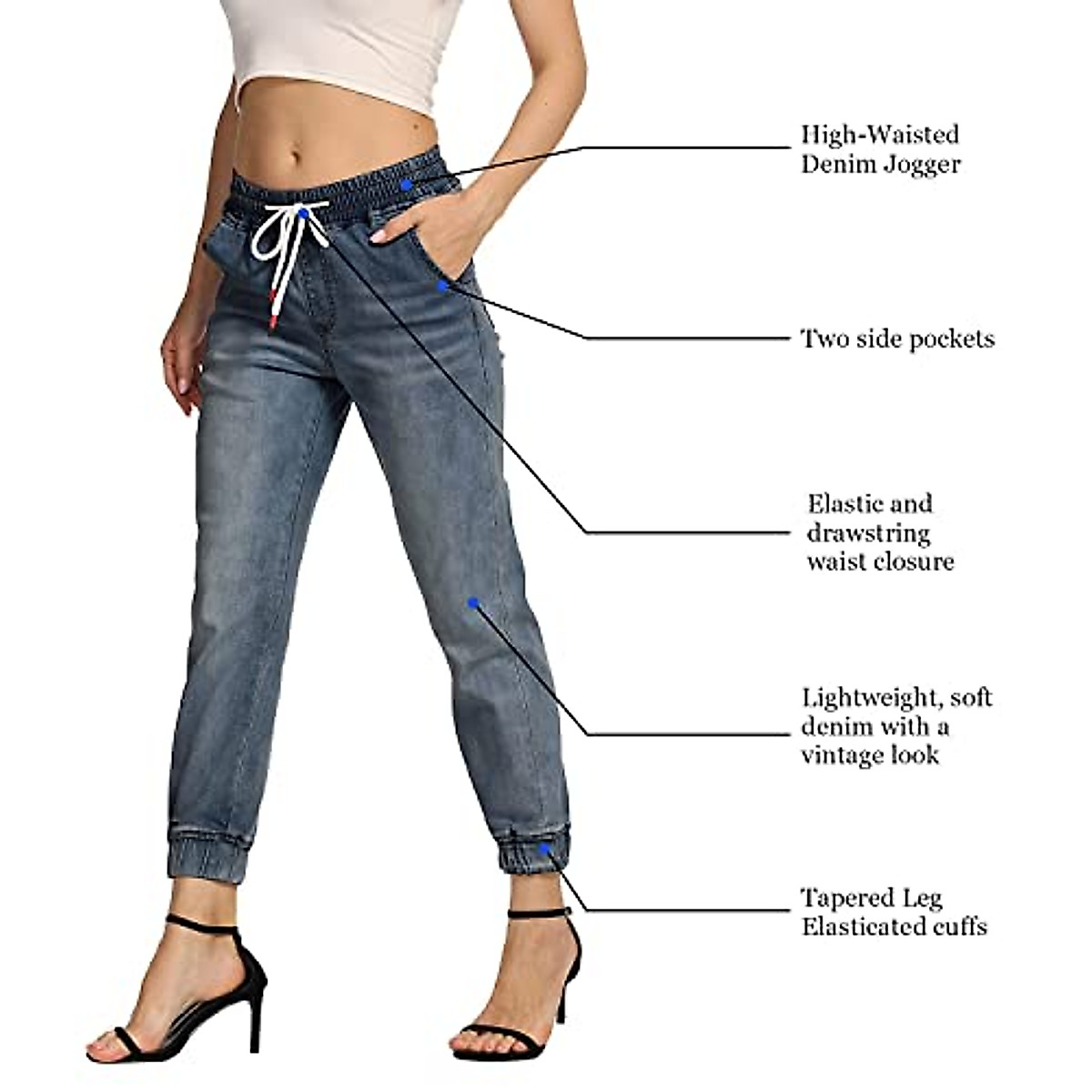 V VOCNI Women's Joggers Denim Sport Fit Drawstring Waist Side Pockets Casual Jeans Dark Blue X-Large