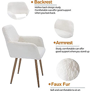 SSLine Faux Fur Vanity Chair Elegant White Furry Makeup Desk Chairs for Girls Women Modern Comfy Fluffy Arm Chair with Wood Look Metal Legs in Bedroom Living Room