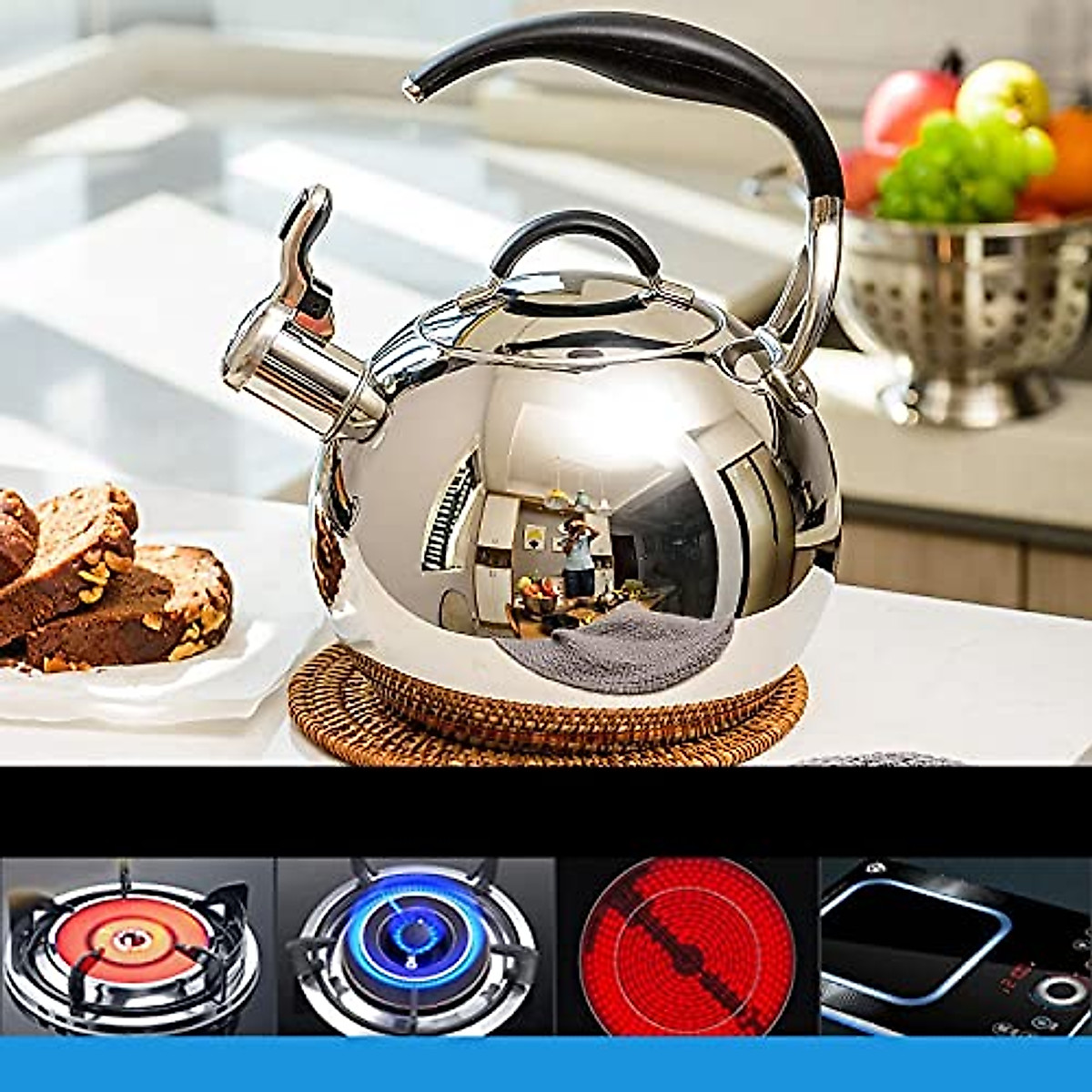 ArrAze Tea Kettle Stovetop Whistling Suitable for Stove Tops 3L Modern Brushed Steel Polished Kettle with Ergonomic Handle Can Make Boil Milk or Coffee