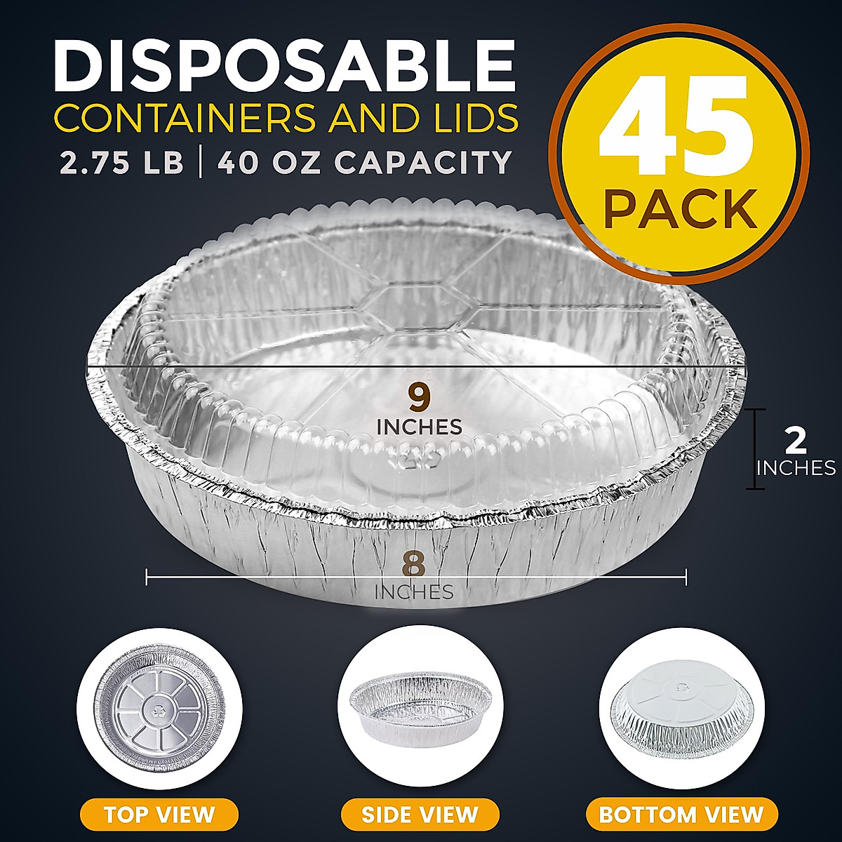 Fit Meal Prep 45 Pack 9” Round Aluminum Foil Pans with Clear Dome Lids, Pie Tins Disposable 9 inch with Lids, Take Out Containers, Freezer Oven Safe Aluminum Baking Pans for Storing, Cooking, Storage