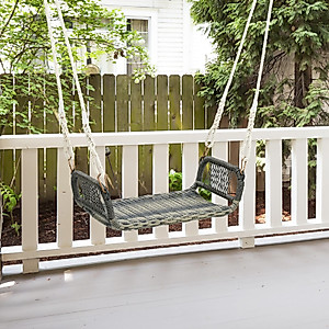 HAPPYGRILL Wicker Porch Swing, Curved Rattan Swing Seat with Cozy Armrests, Patio Wicker Tree Swing with 2 Hanging Hemp Ropes, Outdoor Swing Chair for Front Porch Backyard