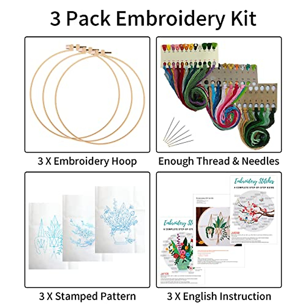 Nuberlic 3 Sets Stamped Embroidery Starter Kit with Instruction for Adults Beginners, Cross Stitch Kits Include Embroidery Needlepoint Cloth Hoops Needles and Threads
