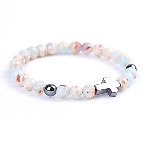 Softones 6mm Cross Beaded Bracelet for Women Natural Stone Stretch Link Prayer Bracelet for Women,7.1"