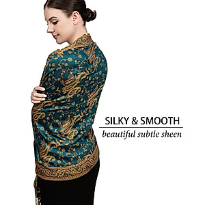 Achillea Soft Silky Reversible Paisley Pashmina Shawl Wrap Scarf w/Fringes (Dark Seagreen)