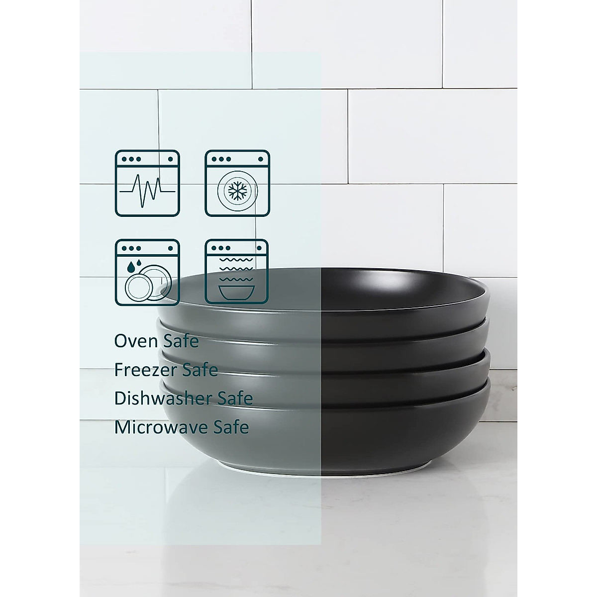 Teocera Pasta Bowls, Salad Bowls Set, Large Serving Bowls, 50 Ounce Porcelain Matte Black Bowls Set of 4 - Square Design, Microwave Dishwasher Safe