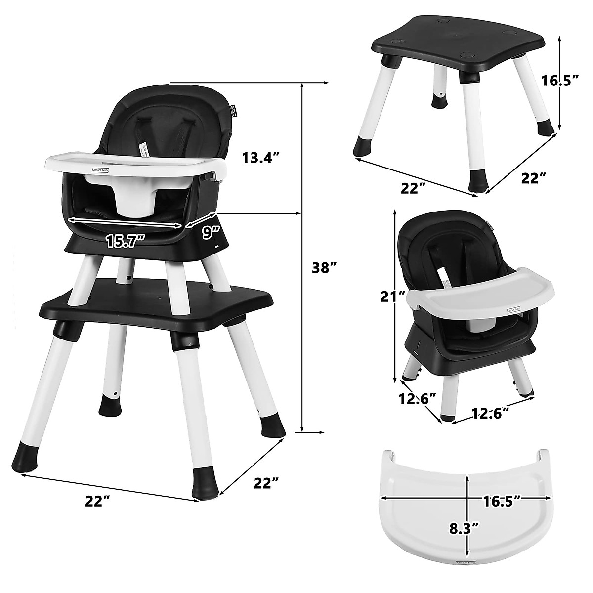Kinder King 8 in 1 Baby High Chair, Coverts to Dining Booster Seat/Kids Table & Chair Set/Toddler Building Block Table/Kids Stool, Removable Tray & Double Seat Cover, Easy to Wipe, Grey