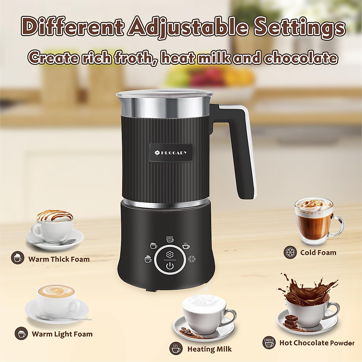 Huogary Detachable Milk Frother 5-in-1 Electric Milk Frother and Steamer Stainless Steel Milk Foamer Frother Cold Foam Hot Chocolate Maker with Dishwasher Safe