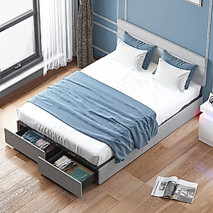 Mixoy Cal King Bed Frame with 2 Storage Drawers. Upholstered Platform Bed with Cotton Linen headboard,Wood Slat Support,Footboard with Drawer.No Box Spring Needed/Easy Assembly(Cal King,Light Grey)