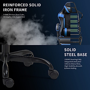 Darkecho Massage Gaming Chair with footrest,Computer Chair with Flat Seat Cushion,Height Adjustable Gamer Chair with Padded Armrests,Headrest and Lumbar Support for Office or Gaming Blue