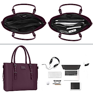 MOSISO PU Leather Laptop Tote Bag for Women (15-16 inch), Plum