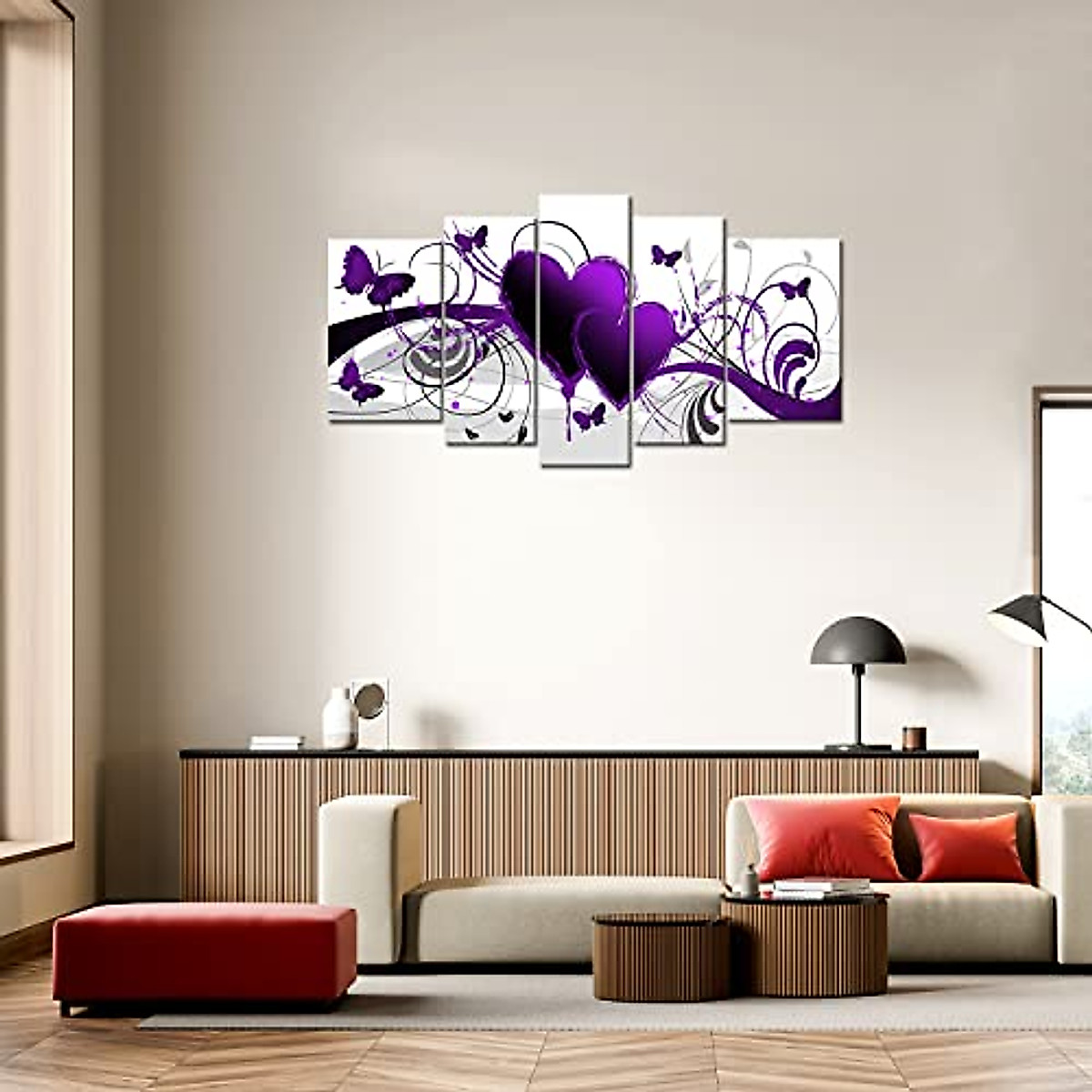 Yeawin Purple Love Butterfly Wall Art Purple Heart The Picture Print On Canvas 5 Panels Modern Abstract Artwork The Canvas for Home Living Dining Room Kitchen(Wrapped Canvas Wall Art,Ready to Hang)