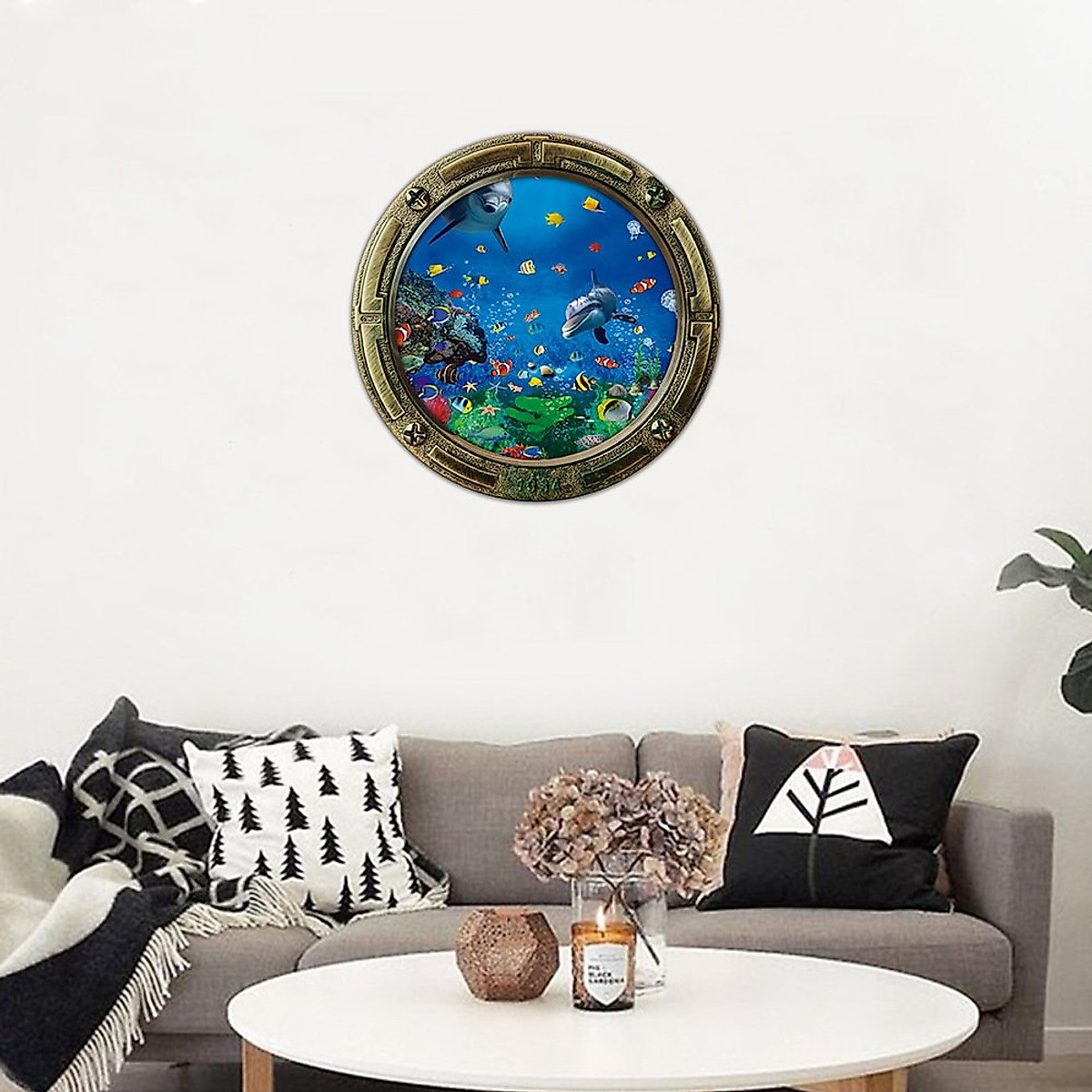 BooDecal 17 in x 17 in Dolphins Variours Tropical Fish Unsersea Series Porthole Fake Window Removable Wall Decals Swimming Sea Fish Waterproof Wall Stickers for Childrens Playroom Nursery Bathroom