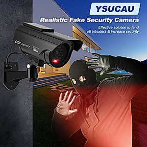 YSUCAU Solar Powered Bullet Dummy Fake Simulated Surveillance Security CCTV Dome Camera Indoor/Outdoor Use with Flashing Red LED Light & Warning Security Alert Sticker Decal, 2 Packs, Black