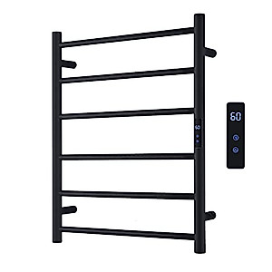 MAVENCOOL Heated Towel Warmer Rack, 6 Bars Wall Mounted Electric Towel Warmer for Bathroom, Plug-in Towel Drying Rack, Matte Black Stainless Steel Hot Towel Rack with Timer and LED Indicator
