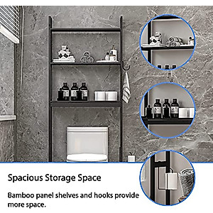Bonzy Home Over The Toilet Storage Bamboo 3 Tier Bathroom Organizer Space Saver Bathroom Shelf Freestanding Toilet Stands with Hooks, Black