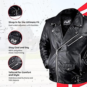 HWK Leather Motorcycle Jacket with Armor for Men, Cafe Racer Genuine Leather Jacket for Weather Resistant Enduro Motocross, Motorbike Riding, Easy Adjust Men's Motorcycle Jacket, X-Large