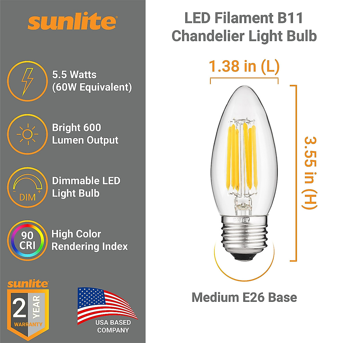 Sunlite 41077 LED Filament B11 Torpedo Chandelier Light Bulb, 5.5 Watts (60W Equivalent), 600 Lumens, Medium E26 Base, Dimmable, Edison Style, 90 CRI, UL Listed, 5000K Super White 6 Pack