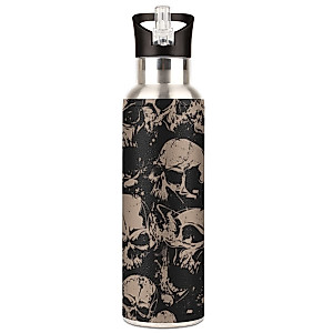 YoCosy Insulated Stainless Steel Water Bottle with Straw 20oz Retro Vintage Skull Skeleton Gothic Sports Water Bottles BPA Free Leakproof Metal Vacuum Flask Jug for Kids Gym Fitness
