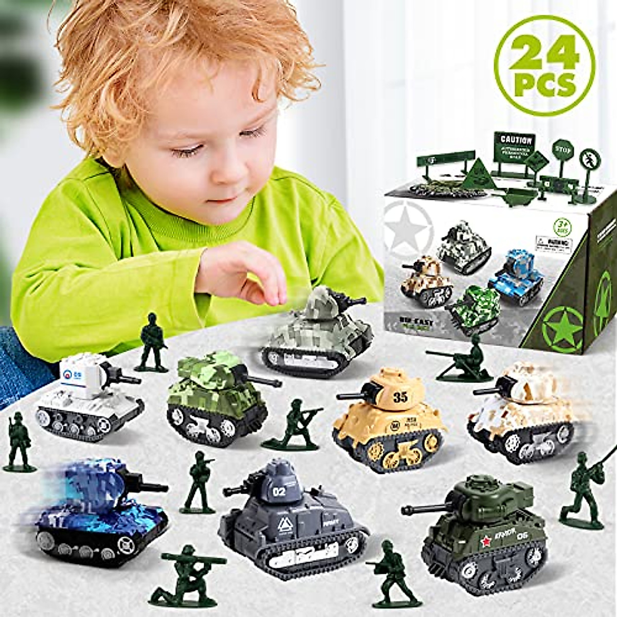 Pull Back Military Vehicles Tank Toys for Boys, 8 Pull Back Toy Army Tanks with Army Men Military Road Sign, Small Diecast Tanks Military Toy Army Car Truck Toys Gift for Kids Age 3 4 5 Years Old