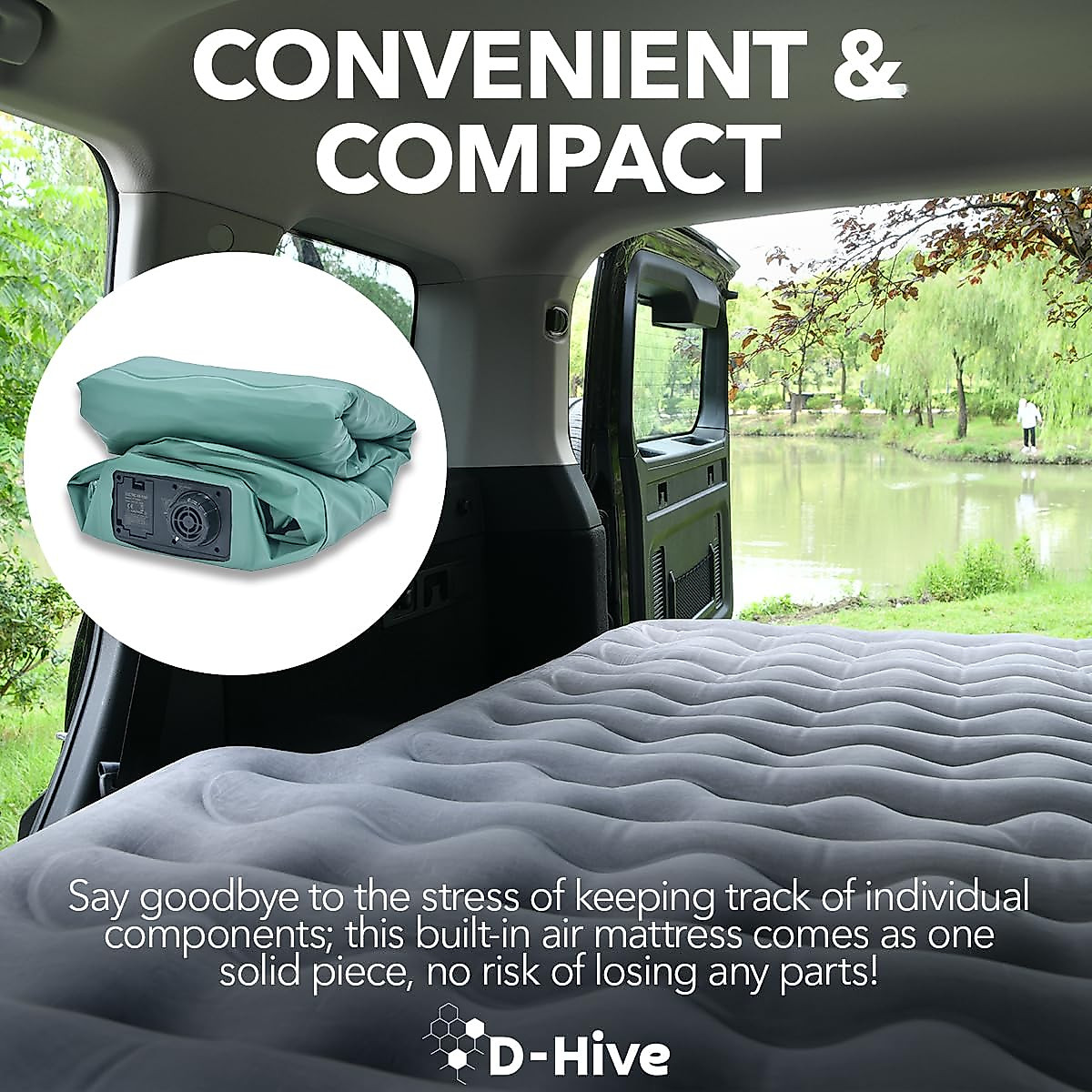 D-Hive Full Size SUV Air Mattress, Easy to Install with Built-In Pump, Quick Inflation, Anti-Deflate, Fits 2 People, Green