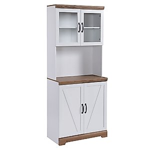 HOMCOM 70" Farmhouse Kitchen Buffet with Hutch, Kitchen Pantry Storage Cabinet with Glass Doors, Adjustable Shelves, Open Microwave Countertop, White