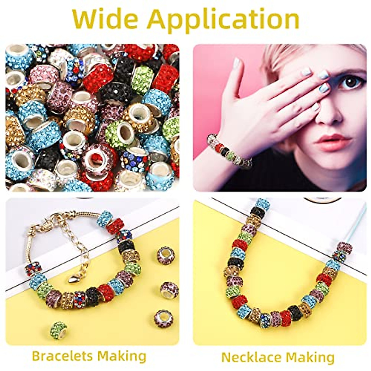 200 PCS European Large Hole Beads Rhinestone Colorful European Beads Crystal Large Hole Craft Beads for DIY Charms Bracelet Jewelry Making