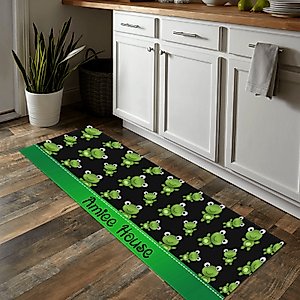 Green Frog on Black Personalized Kitchen Mat Rug,Custom Floor Door Mat Anti-Slip Rugs for Kitchen,Bathroom,Laundry,48x17Inch