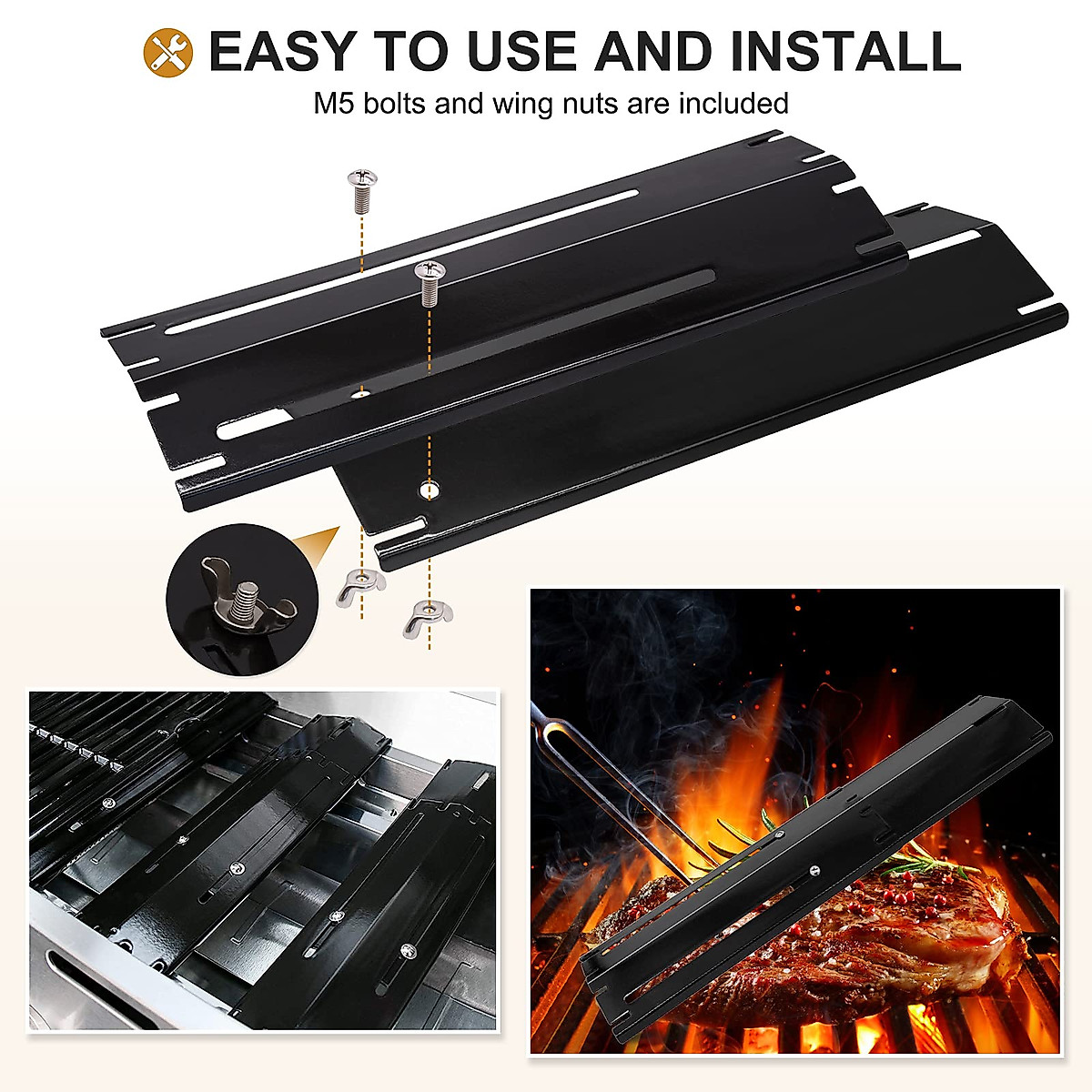 Criditpid Universal Adjustable Porcelain Steel Heat Plates, Heat Tent, Flavorizer Bar, Burner Cover, Flame Tamer for Brinkmann, Charbroil, Nexgrill, Backyard, Extend from 11.75 to 21 Inch, 5-Pack