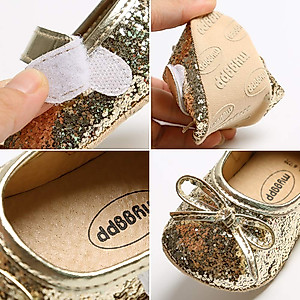 SOFMUO Baby Girls Mary Jane Flats Soft Sole Infant Moccasins Floral Sparkly Toddler Princess Wedding Party Holiday Dress Shoes (Gold,12-18 Months)