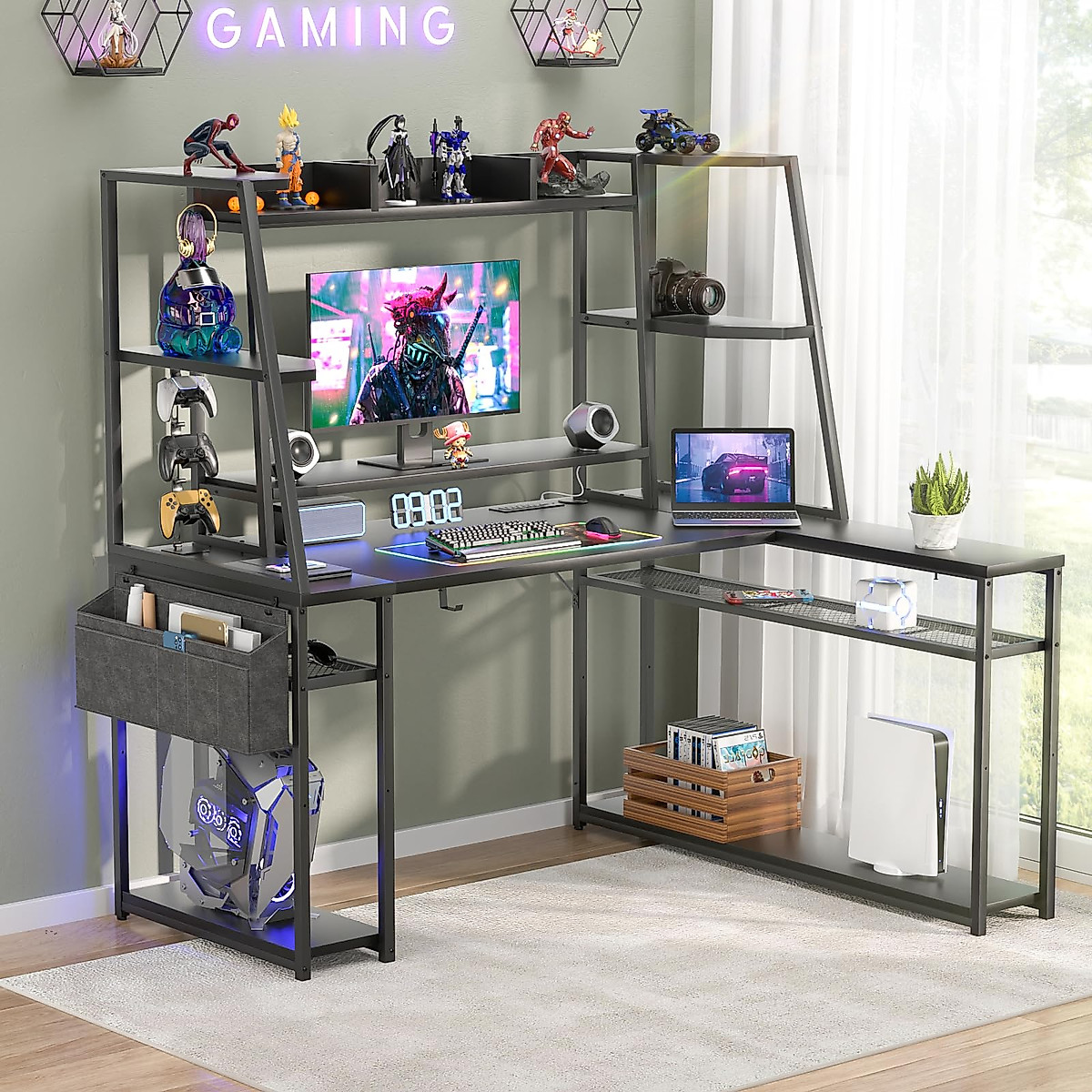 L Shaped Gaming Desk with Hutch & Shelves, 47'' Gaming Computer Desk with LED Lights & Power Strips, Reversible PC Gaming Desk L Shape with Storage, L Desk for Gaming with Monitor Stand, Black