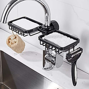 Clamping Type Dish Sponge Holder Faucet Caddy Shower Rod Basket Soap Holder,Faucet Shower Rod Assembled Black Color