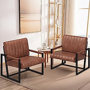 DKLGG Modern Accent Chair Set of 2, Upholstered PU Leather Armchair with Thick Backrest and Seat Cushions, Living Room Chair for Bedroom Apartment Small Space, Ergonomic Design, Brown