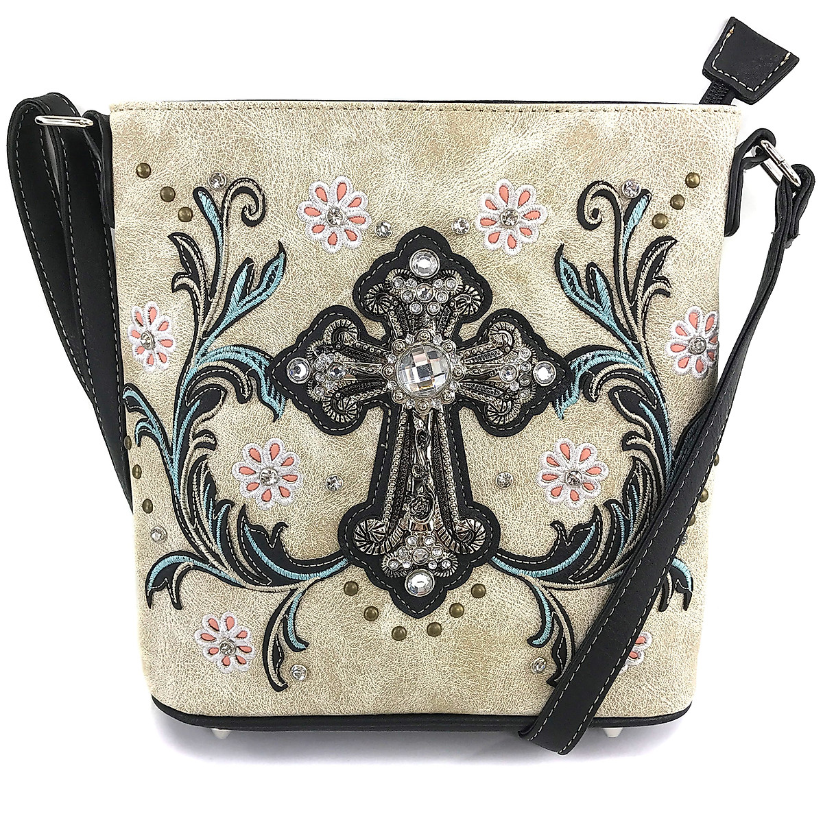 Justin West Rhinestone Cross Summer Flower Embroidery CCW Concealed Carry Shoulder Purse Handbag (Brown Purse Only)