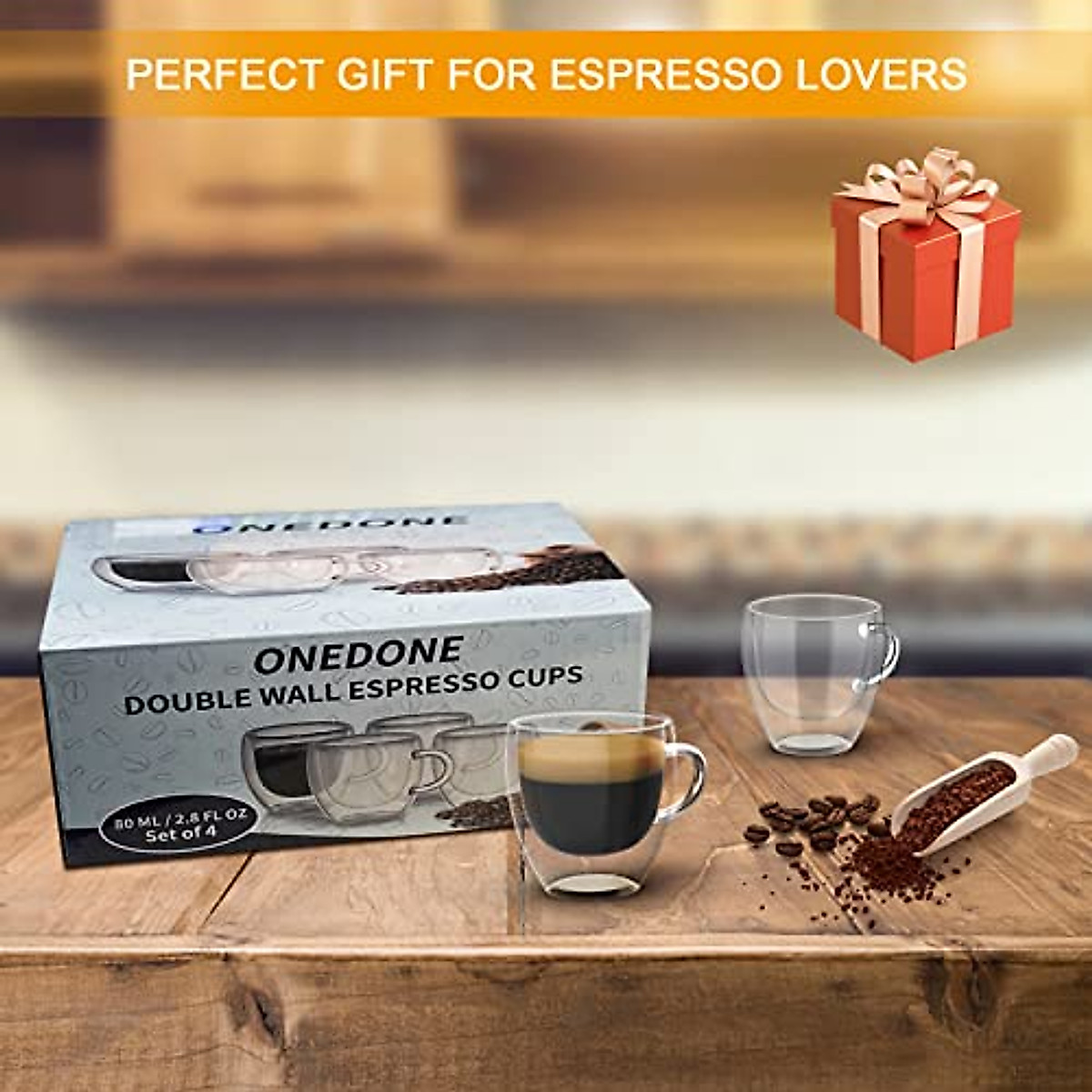 Espresso Cups 2.8 OZ Double Walled Glass Espresso Cups Set of 4 Thermo Insulated Espresso Coffee Cups with Handle Double Espresso Cups Espresso Shot Cups Father's Day Gift