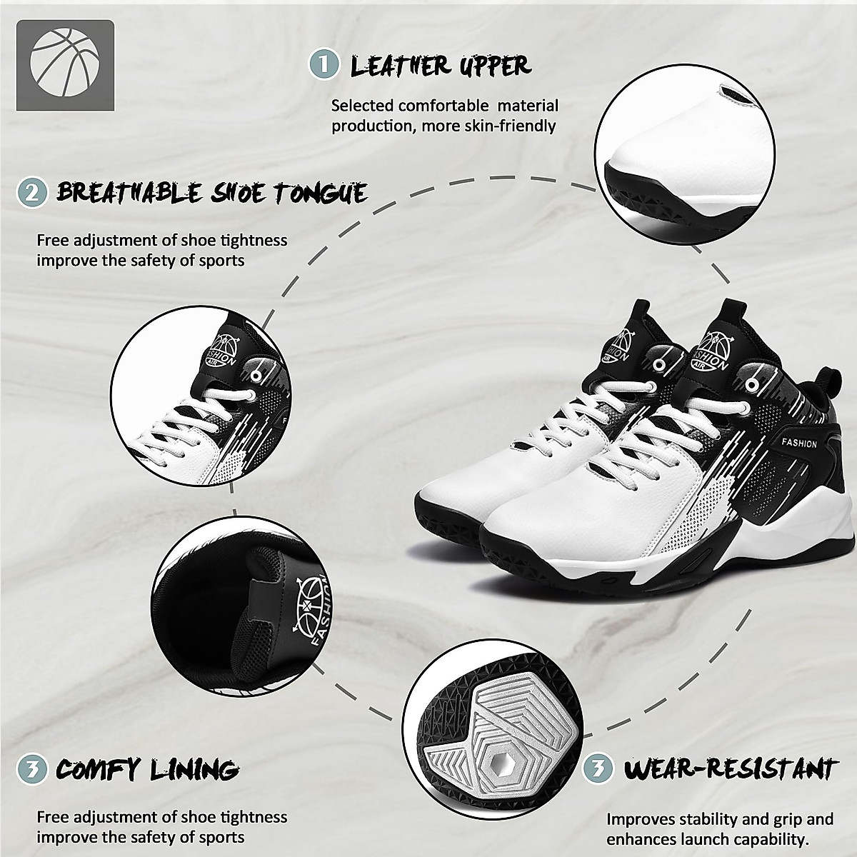 CJSPORX Men's Basketball Shoes Breathable Non-Slip Sneakers Fashionable Sports White-1 Size 13